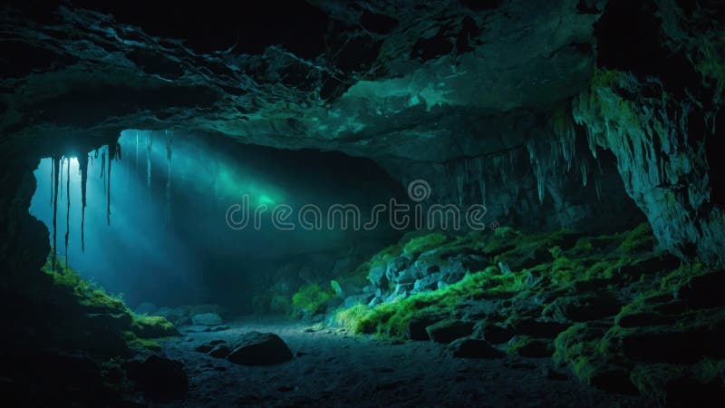 Mysterious Underwater Cave with Stalactites and Green Algae Stock ...