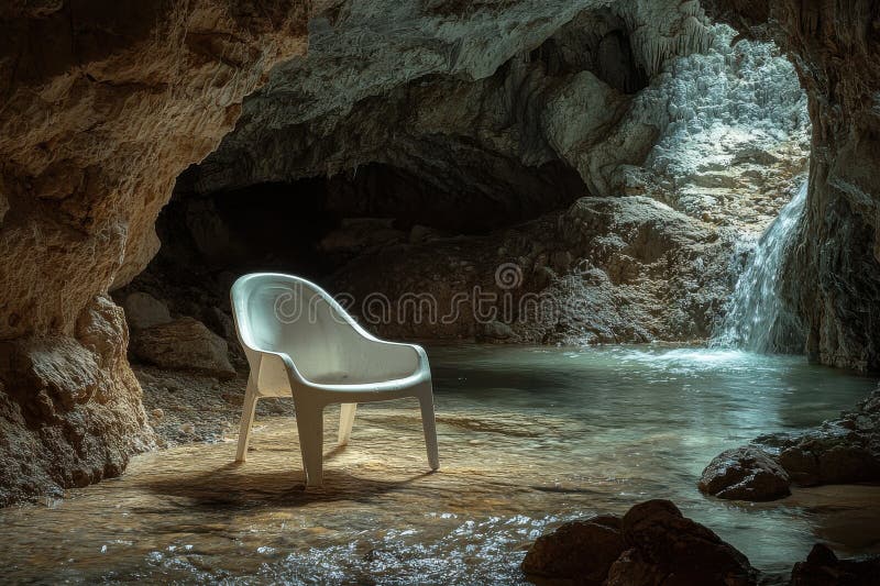 Serene Cave Interior with Chair and Waterfall Lighting Stock Photo ...