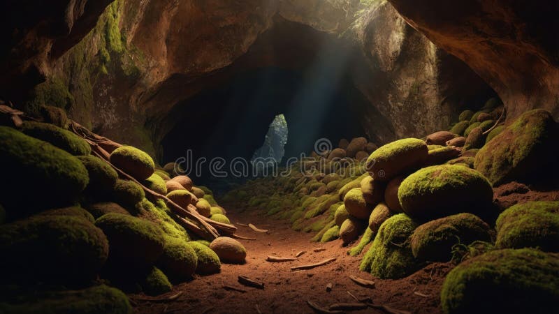 Mysterious Cave with Mossy Rocks and Light Beam Stock Illustration ...