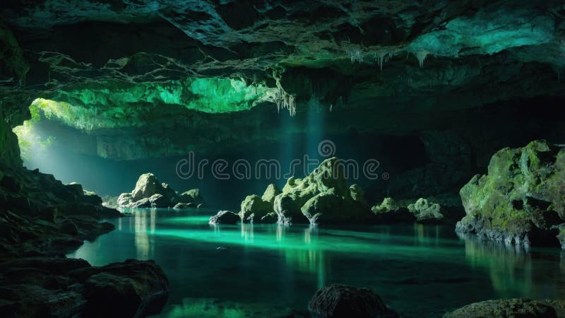 Enigmatic Underground Lake in a Luminous Cave Stock Illustration ...