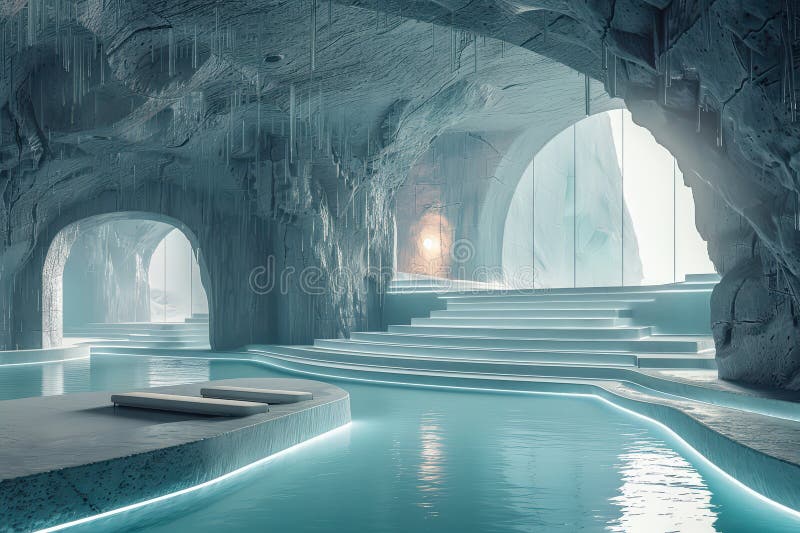 Serene Cave Pool with Glowing Waters and Artistic Architecture Stock ...