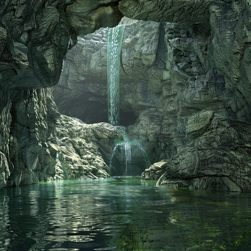 Serene Cave Pool with Waterfall Stock Illustration - Illustration of ...