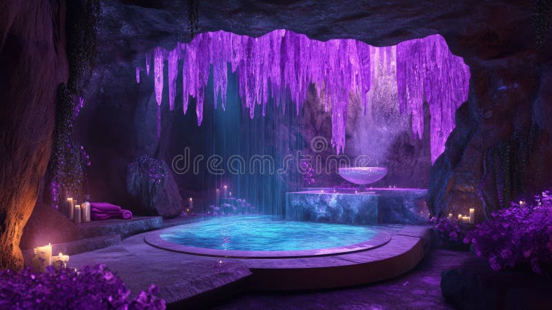 Serene Cave Spa with Purple Icicles and Waterfall Stock Image - Image ...
