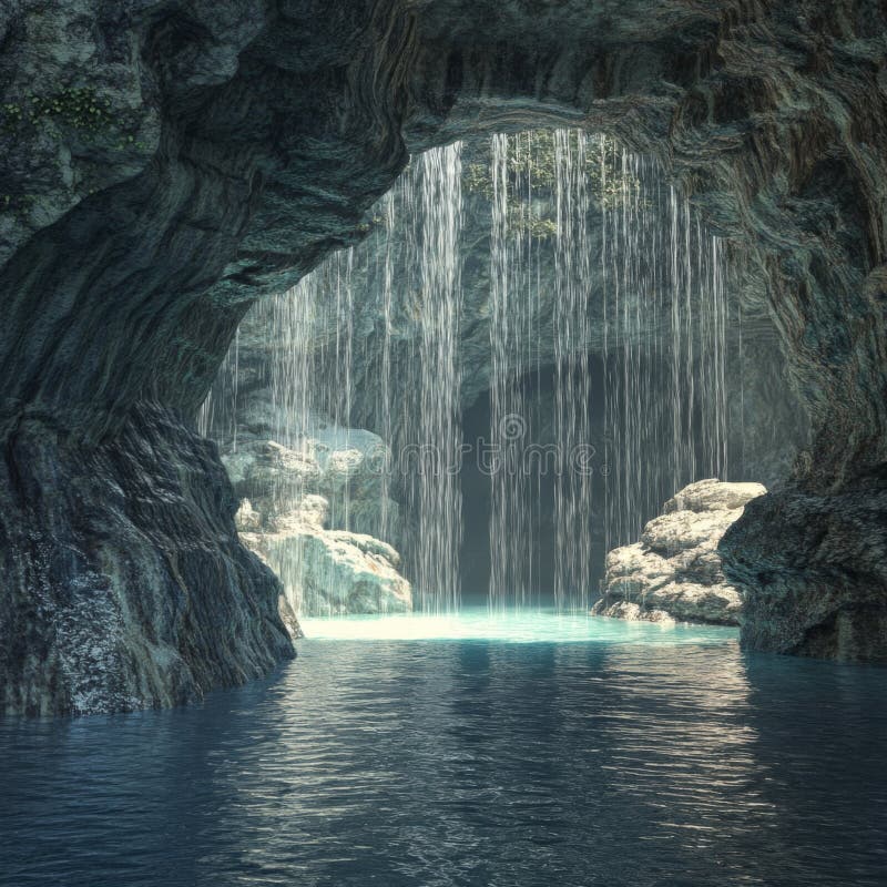 Serene Cave Waterfall with Sunlit Pool Reflections and Rocky Interior ...