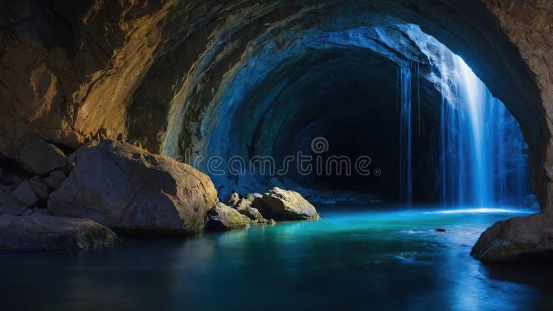 Enigmatic Cave Waterfall: Serene Blue Pool in Dark Grotto Stock ...
