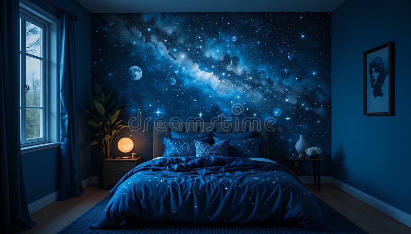 Serene Celestial Bedroom Interior Design with Galaxy Wall Mural and ...