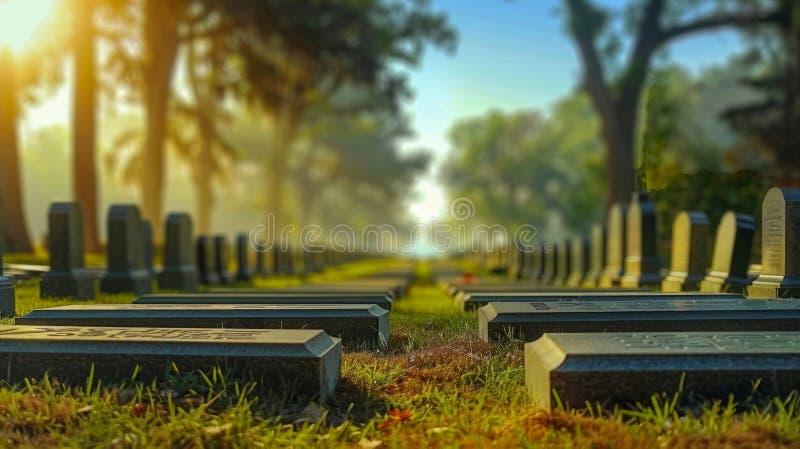 Serene Cemetery at Sunrise with Sunrays Piercing through Trees Stock ...