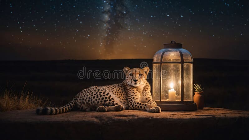 Serene Cheetah at Night Under Starry Sky with Glowing Lantern Stock ...