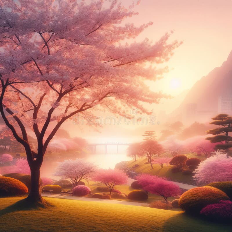 A Serene Cherry Blossom Park in Full Bloom Stock Illustration ...