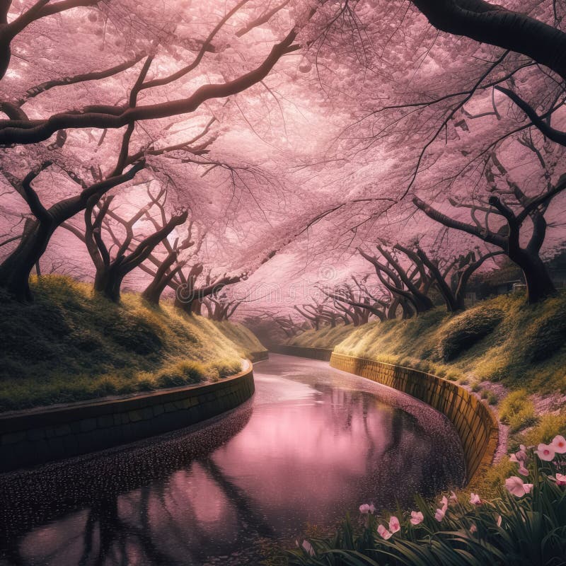 A Serene Cherry Blossom Park in Full Bloom Stock Illustration ...