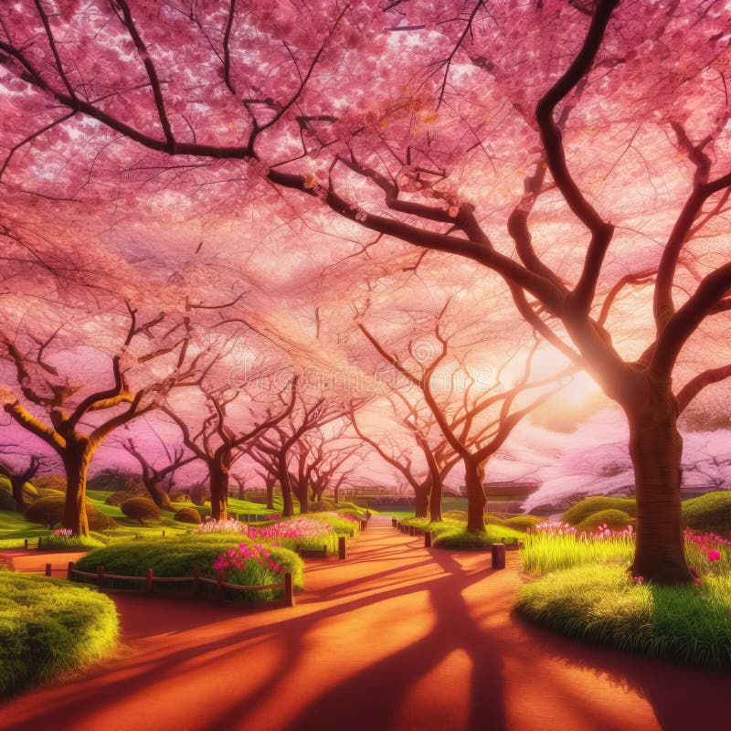 A Serene Cherry Blossom Park in Full Bloom Stock Illustration ...