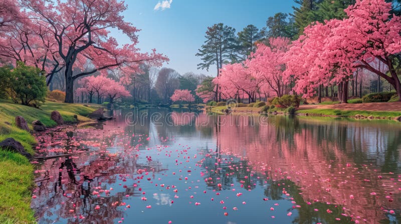 A Serene Cherry Blossom Park in Full Bloom Stock Illustration ...