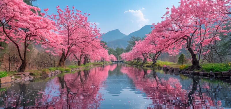 A Serene Cherry Blossom Park in Full Bloom Stock Illustration ...