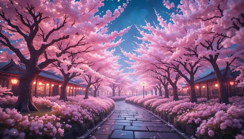 Serene Cherry Blossom Pathway at Dusk with Illuminated Lanterns and Soft Pink Petals Stock ...