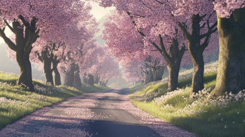 Serene Cherry Blossom Pathway at Sunrise, Pink Petals on Road, Soft Light Stock Photo - Image of ...