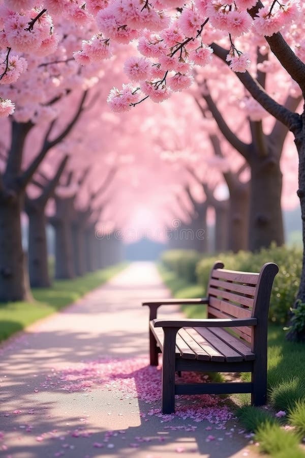 Serene Cherry Blossom Pathway with Wooden Bench Under Blooming Sakura ...