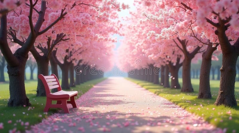 Serene Cherry Blossom Pathway with Wooden Bench Under Blooming Sakura ...