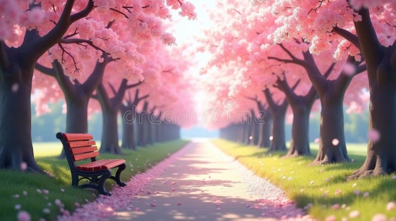 Serene Cherry Blossom Pathway with Wooden Bench Under Blooming Sakura ...