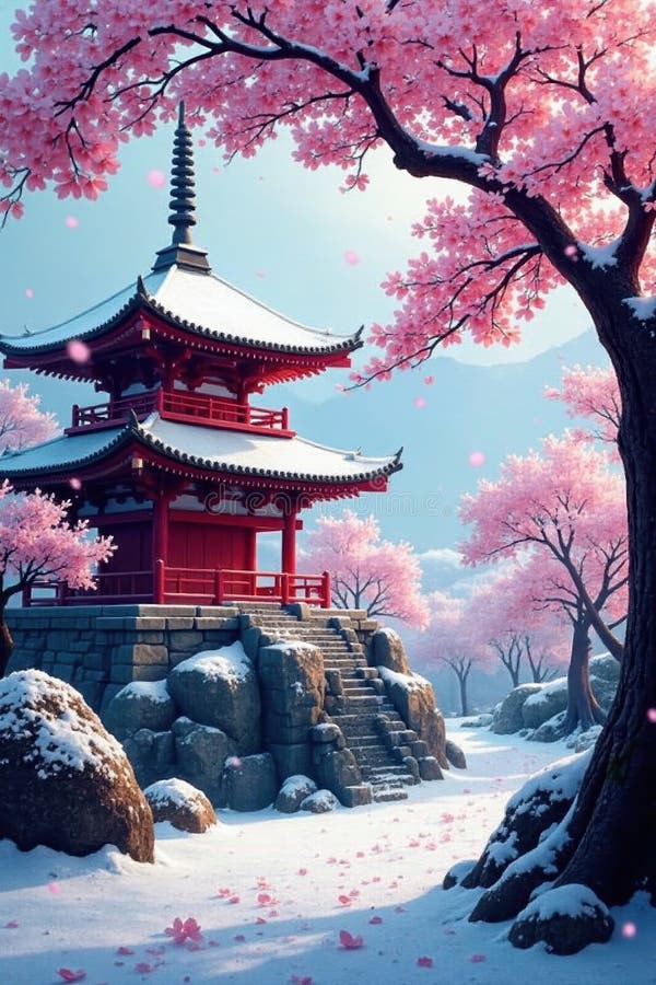 Serene Cherry Blossom Snowfall Over Ancient Temple Trees Snow Peaceful ...