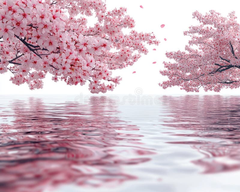 Serene Cherry Blossom Trees Reflecting in Tranquil Water, Petals ...
