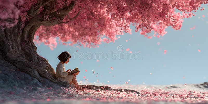 Serene Child Under Cherry Blossom Tree Peaceful Nature Scene Stock ...