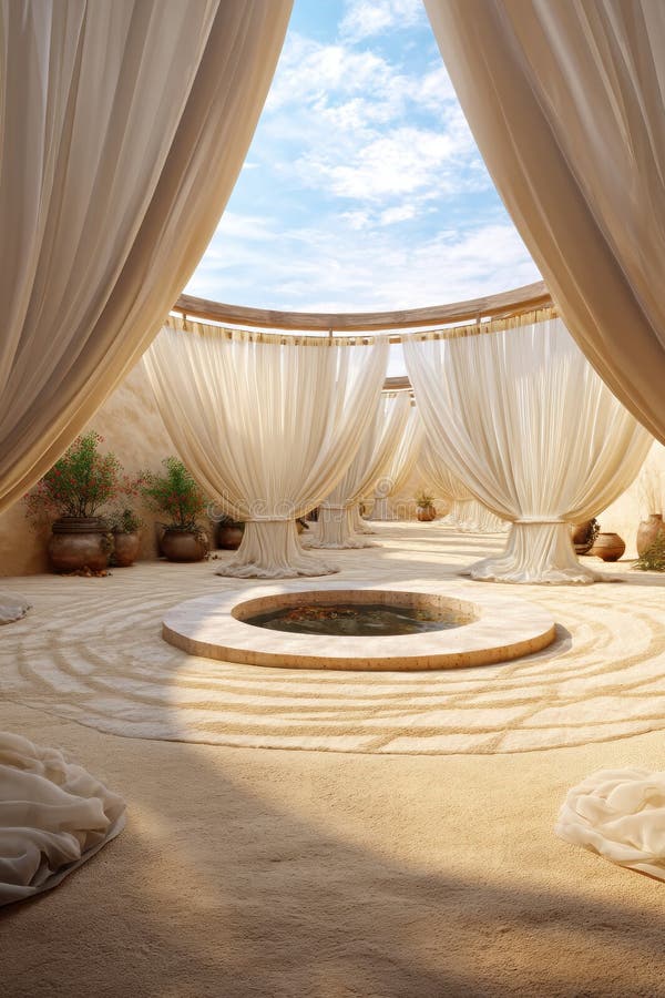 Serene Circular Desert Spa Courtyard with Soft Sand Floor, Flowing ...