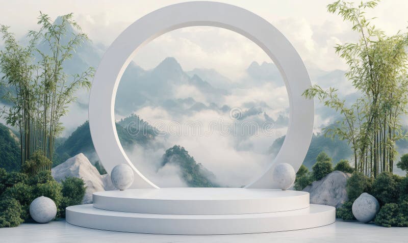 Serene Circular Stage with Mountain Backdrop and Bamboo Accents for ...