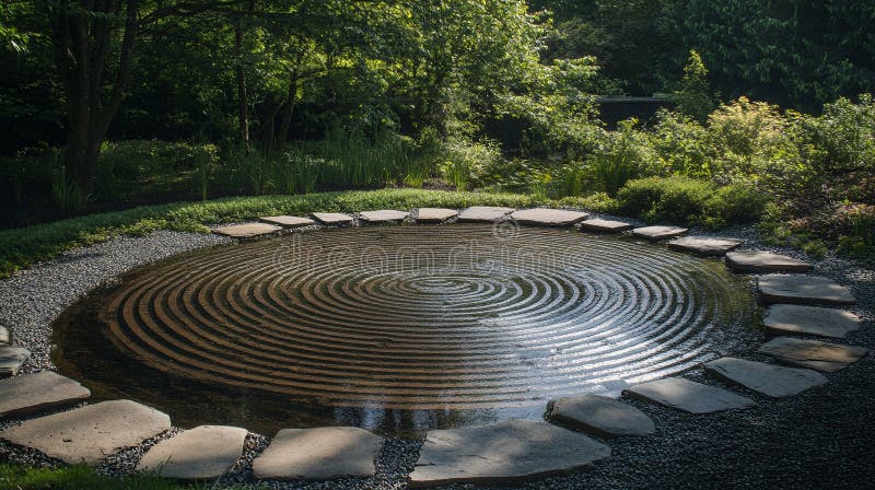 Serene Circular Zen Garden Water Feature with Stepping Stones Path ...