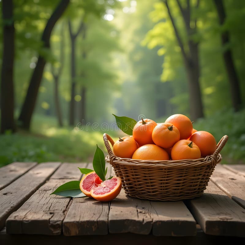 Serene Citrus Harmony: Grapefruit in Wicker Basket on Forest Table ...