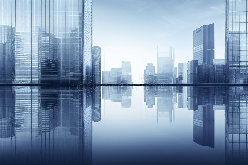 A Serene Cityscape with Modern Skyscrapers Reflected in Calm Water ...