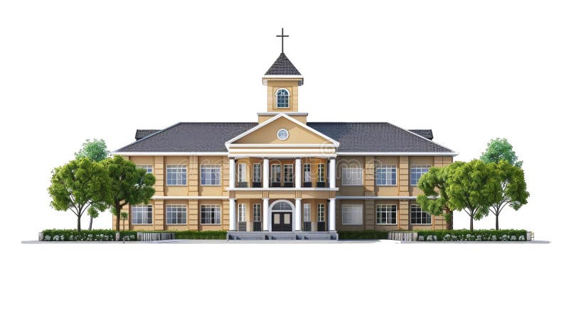 Serene Classical School Building at Twilight Isolated on White ...
