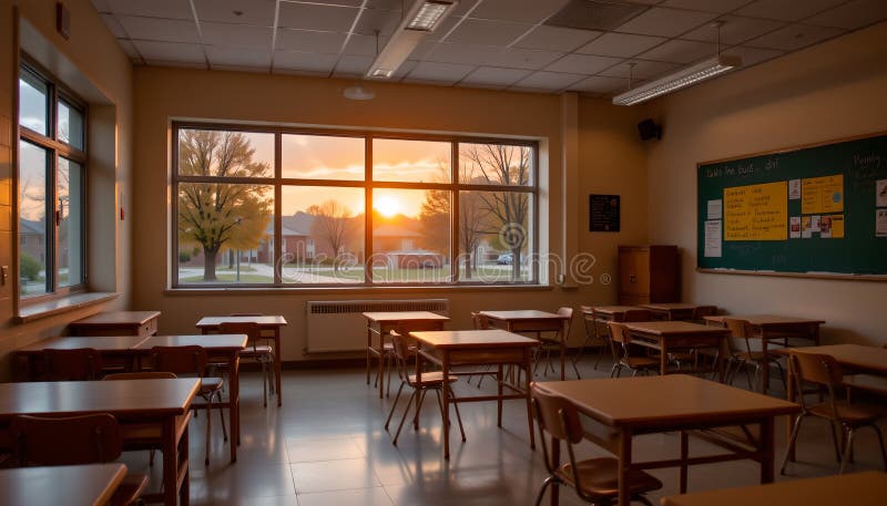 Warm Sunset Light Illuminates Empty Classroom with Desks and Chairs ...
