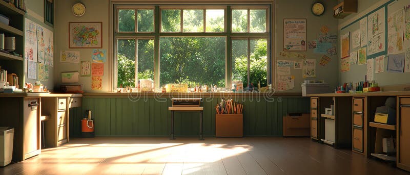 A Serene Classroom Scene with Glowing Charts and Maps Stock ...