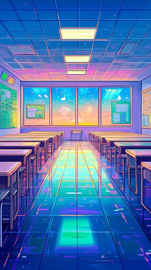A Serene Classroom Scene with Glowing Charts and Maps Stock ...