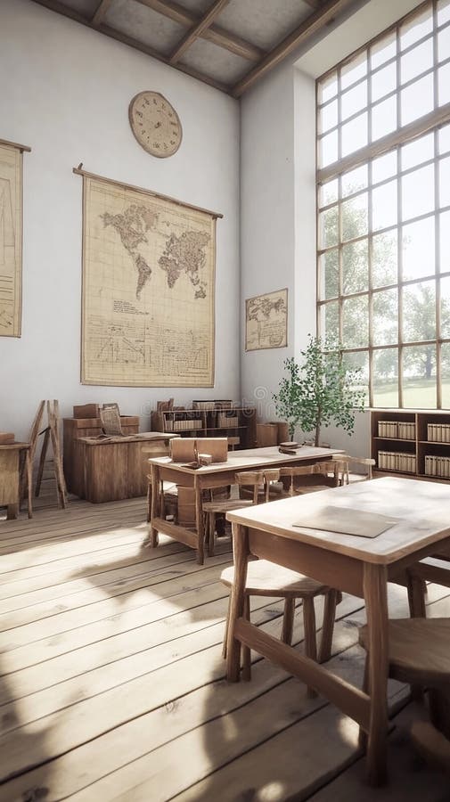 A Serene Classroom Scene with Glowing Charts and Maps Stock ...