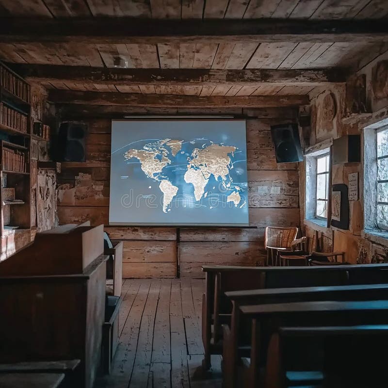 A Serene Classroom Scene with a Glowing World Map Stock Illustration ...