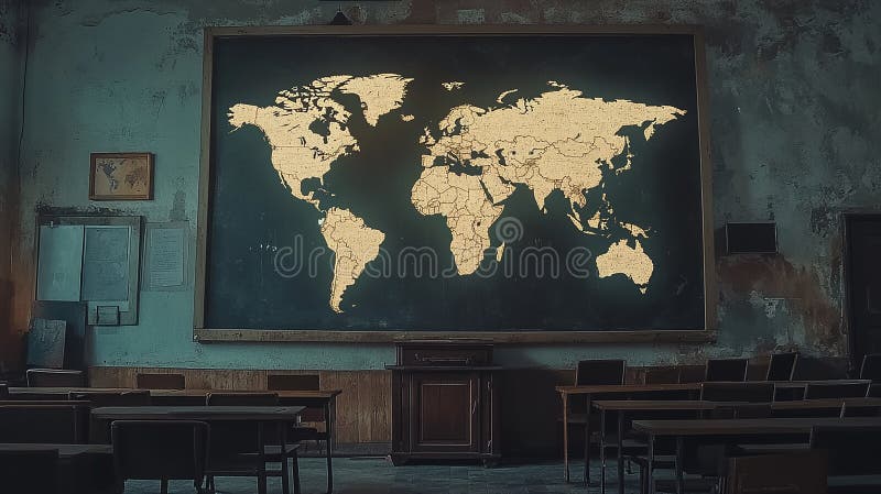 A Serene Classroom Scene with a Glowing World Map Stock Illustration ...