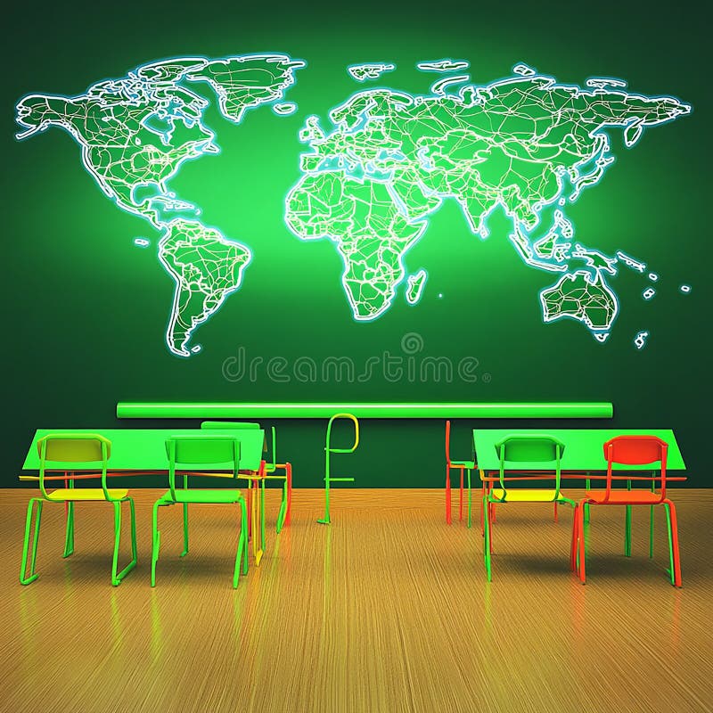 A Serene Classroom Scene with a Glowing World Map Stock Illustration ...