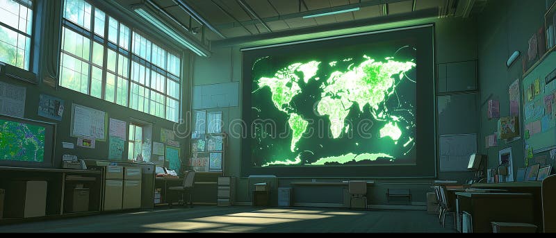 A Serene Classroom Scene with a Glowing World Map Stock Illustration ...
