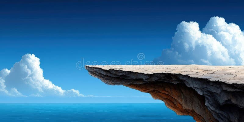 Serene Cliff Overlooking Calm Ocean with Bright Blue Sky and Fluffy ...