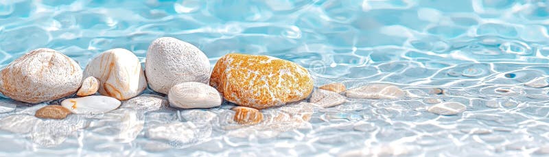 Serene CloseUp of Smooth Pebbles on Clear Water Surface Under Bright ...