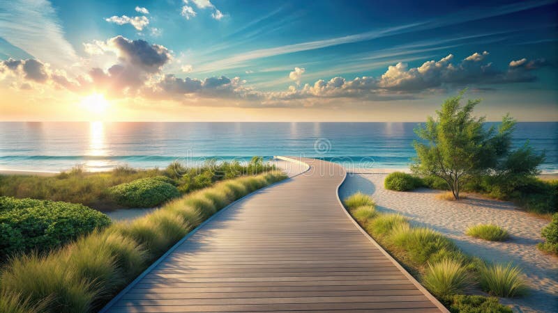 Serene Coastal Boardwalk at Sunset a Tranquil Path Leading To the Ocean ...