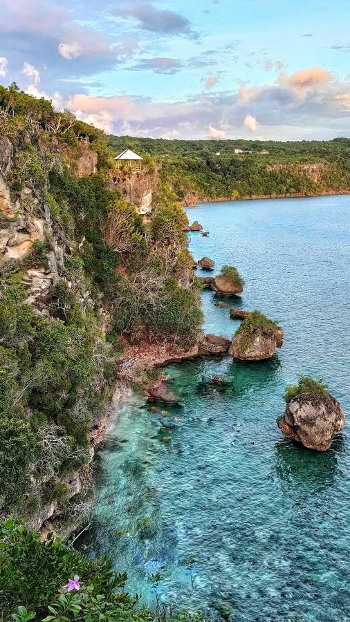 Serene Coastal Cliff with Lush Greenery and Clear Blue Water Stock ...
