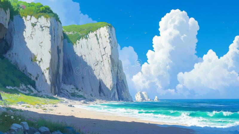 Serene Coastal Cliffs Under a Summer Sky Stock Illustration ...
