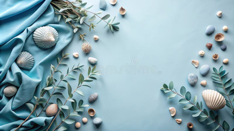 Serene Coastal Composition Blue Fabric, Shells, and Eucalyptus Branches ...