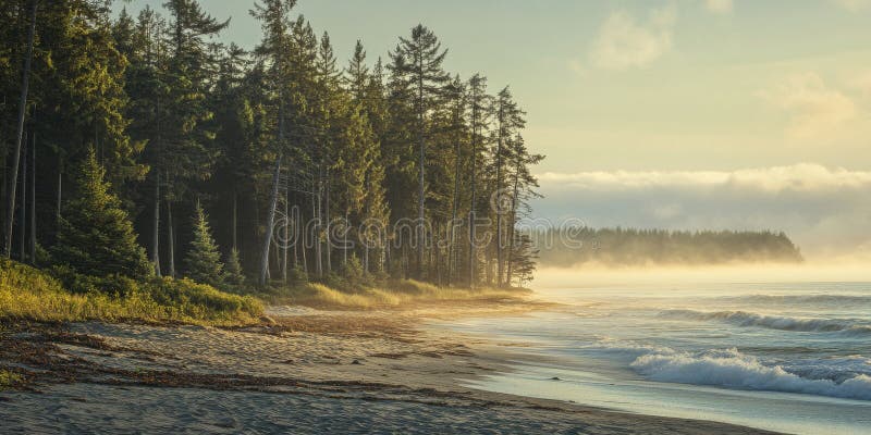 A Serene Coastal Forest at Sunrise, with Tall Pine Trees Lining a Sandy ...