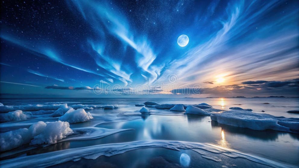 Serene Coastal Ice Floes Under a Celestial Display of Aurora and Moon ...