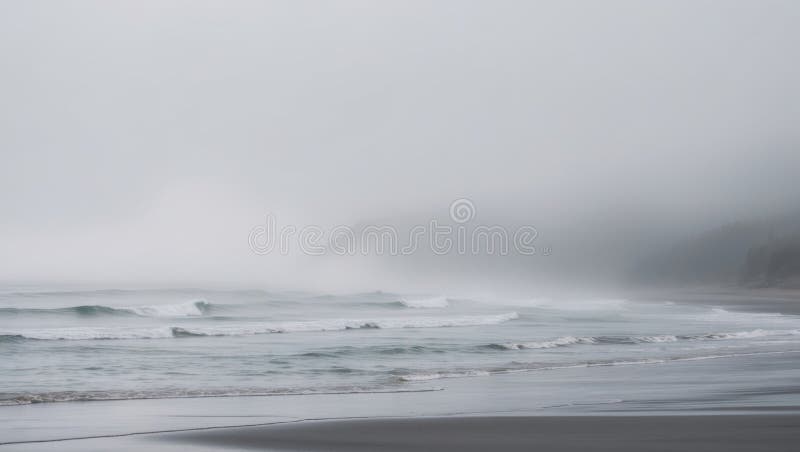 Serene Coastal Landscape with Gentle Waves and Mist. Stock Image ...