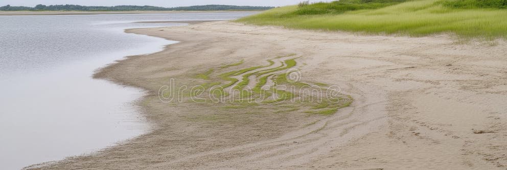 Serene Coastal Landscape with Sand Patterns and Greenery Along the Shoreline Stock Image - Image ...