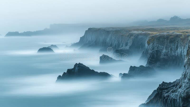 A Serene Coastal Landscape Shrouded in Mist, Showcasing Rugged Cliffs ...